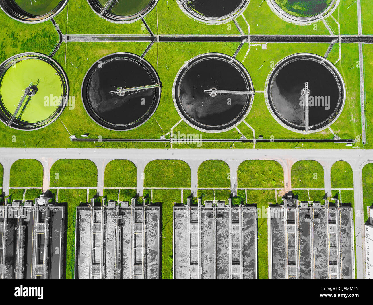 Sewage farm. Static aerial photo looking down onto the clarifying tanks ...