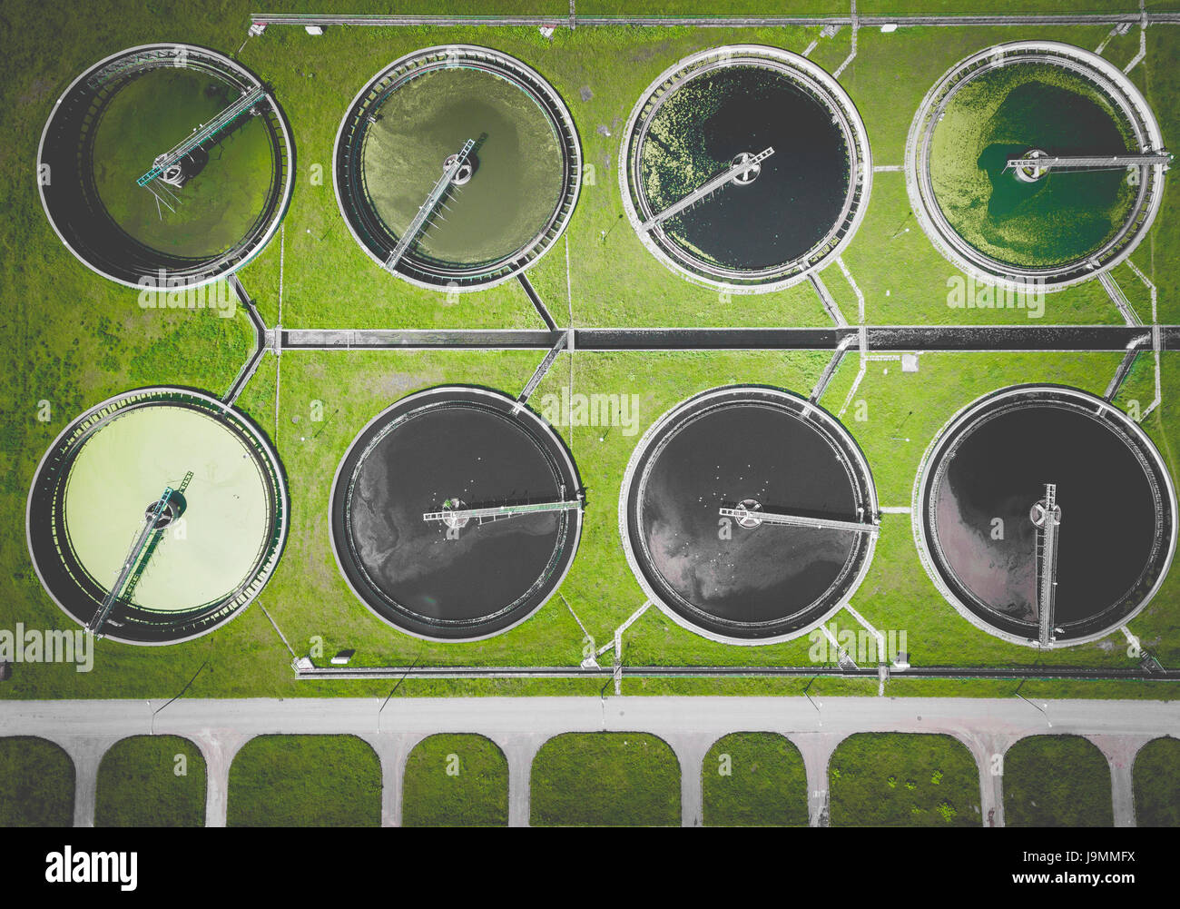 Sewage farm. Static aerial photo looking down onto the clarifying tanks ...