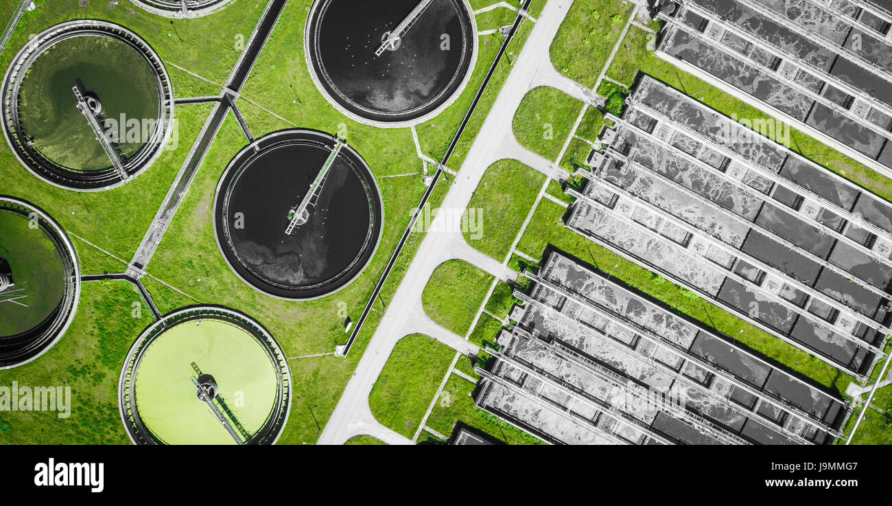 Sewage farm. Static aerial photo looking down onto the clarifying tanks ...