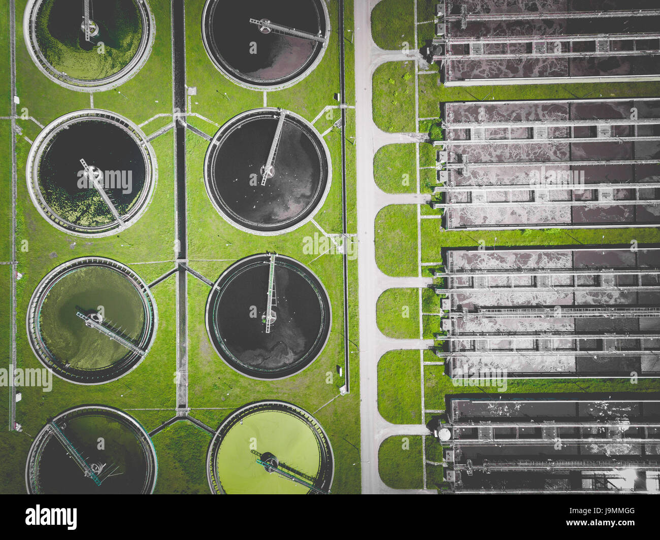 Sewage farm. Static aerial photo looking down onto the clarifying tanks ...