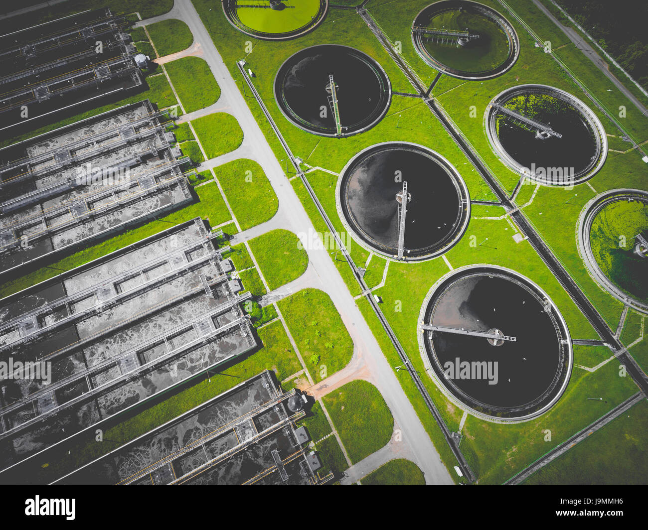 Sewage farm. Static aerial photo looking down onto the clarifying tanks ...