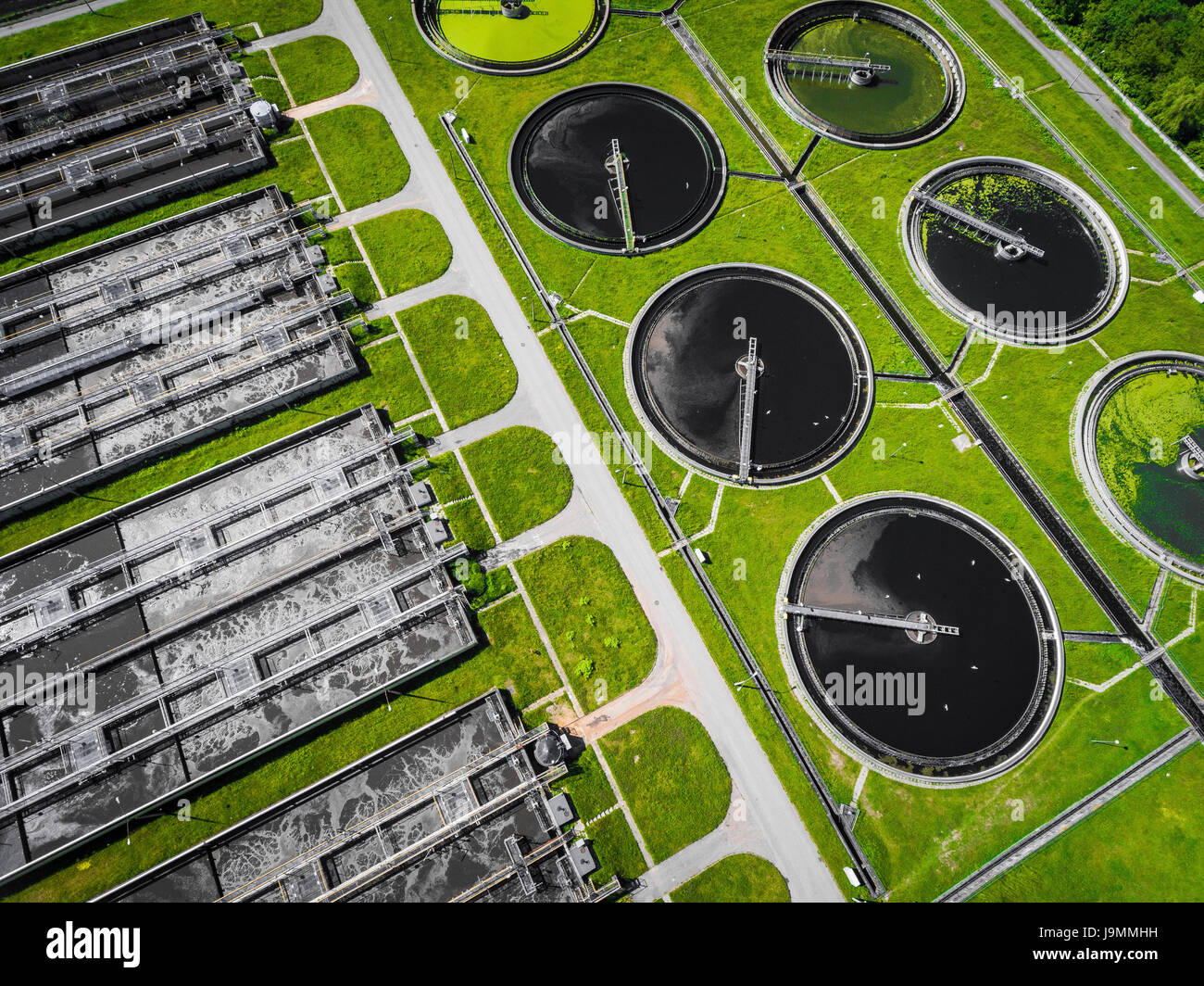 Sewage farm. Static aerial photo looking down onto the clarifying tanks ...