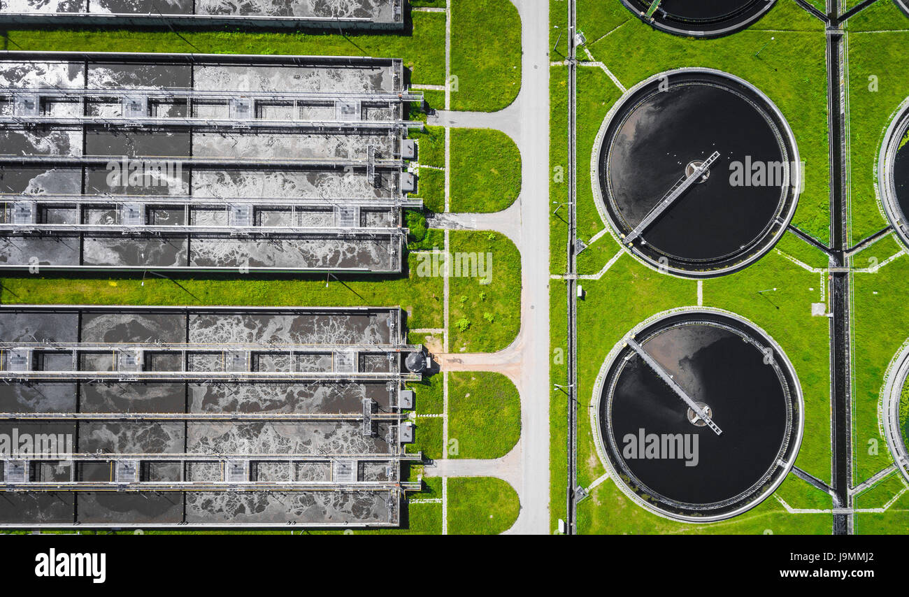 Sewage farm. Static aerial photo looking down onto the clarifying tanks ...
