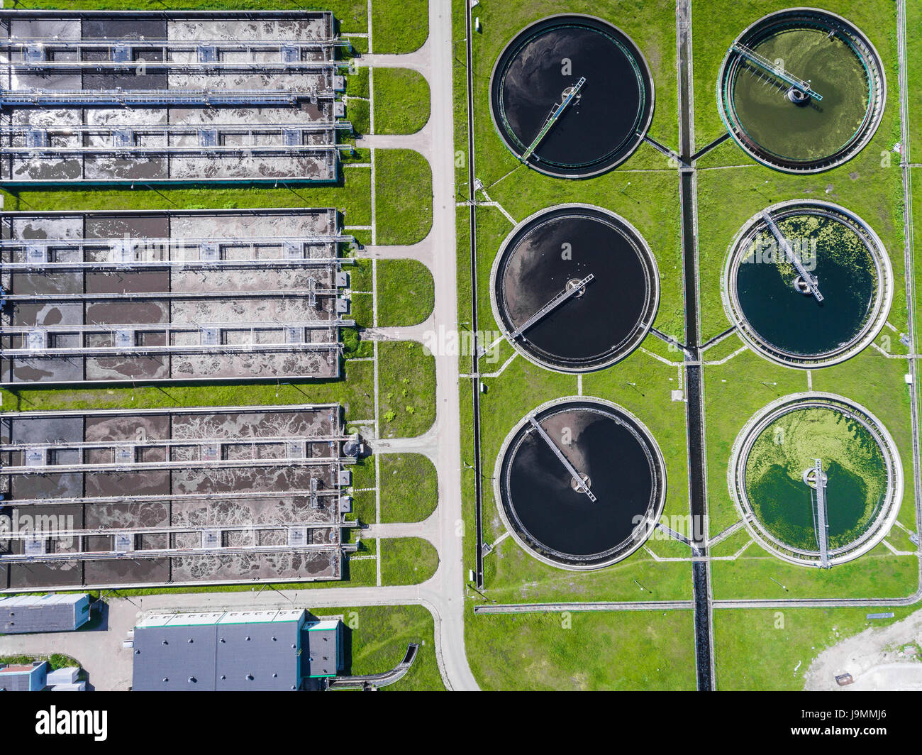 Sewage farm. Static aerial photo looking down onto the clarifying tanks ...