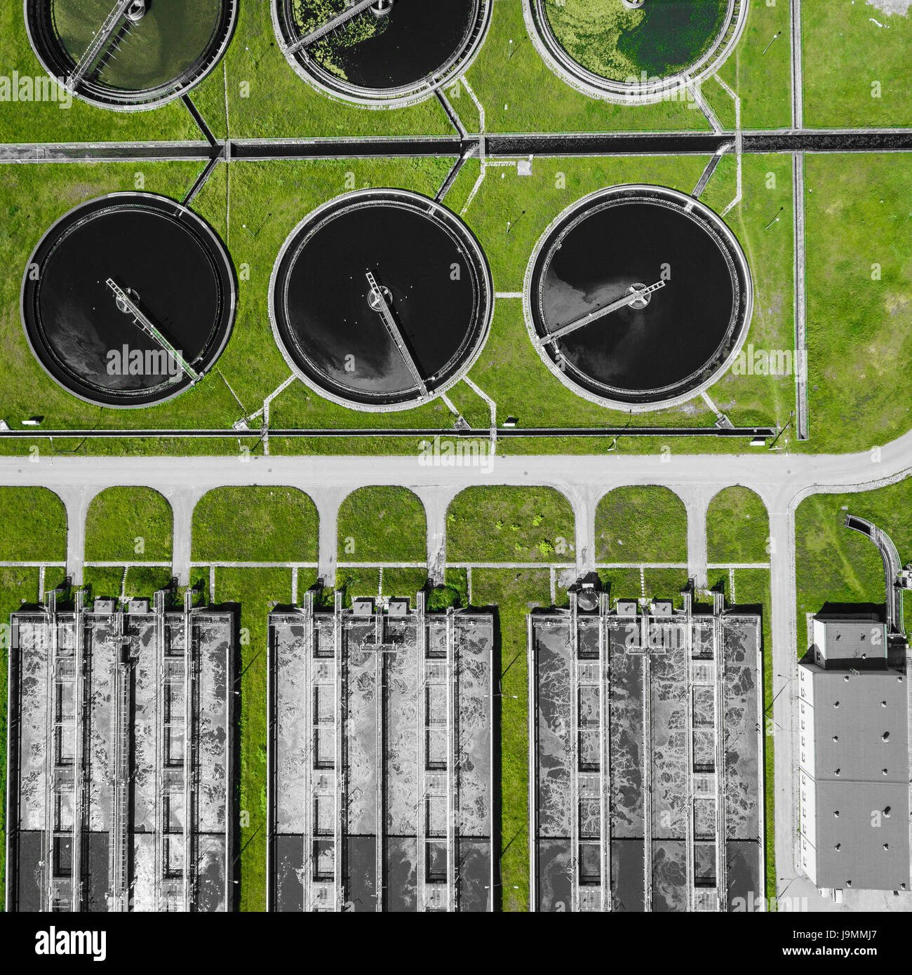 Sewage farm. Static aerial photo looking down onto the clarifying tanks ...