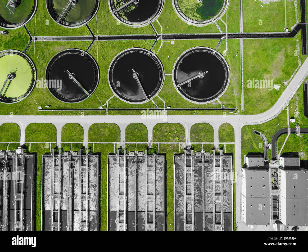 Sewage farm. Static aerial photo looking down onto the clarifying tanks ...
