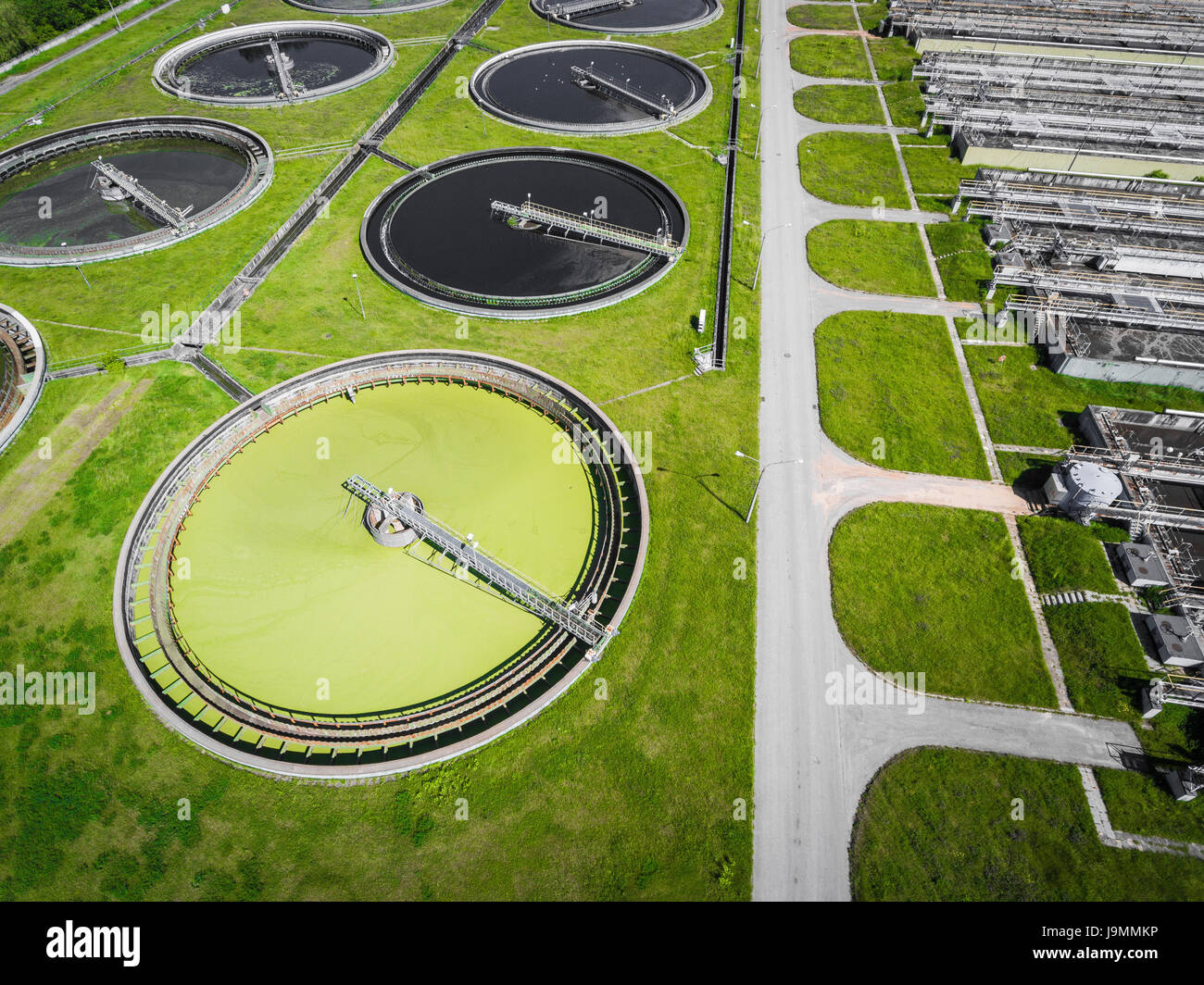 Sewage farm. Static aerial photo looking down onto the clarifying tanks ...