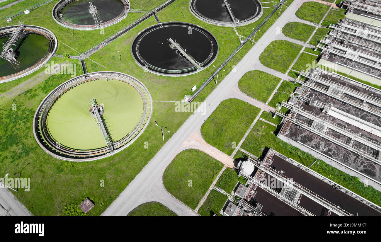 Sewage farm. Static aerial photo looking down onto the clarifying tanks ...