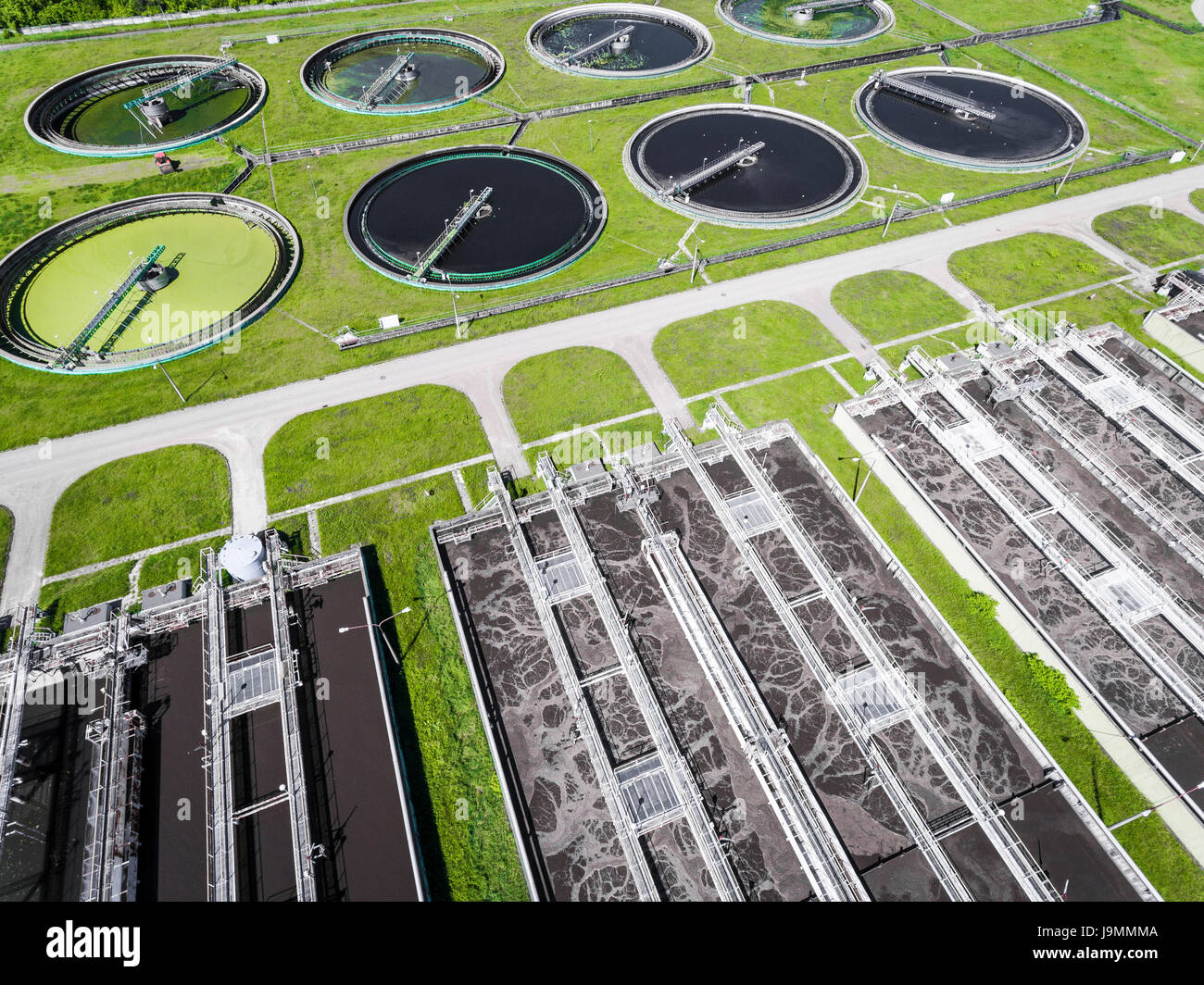 Sewage farm. Static aerial photo looking down onto the clarifying tanks ...