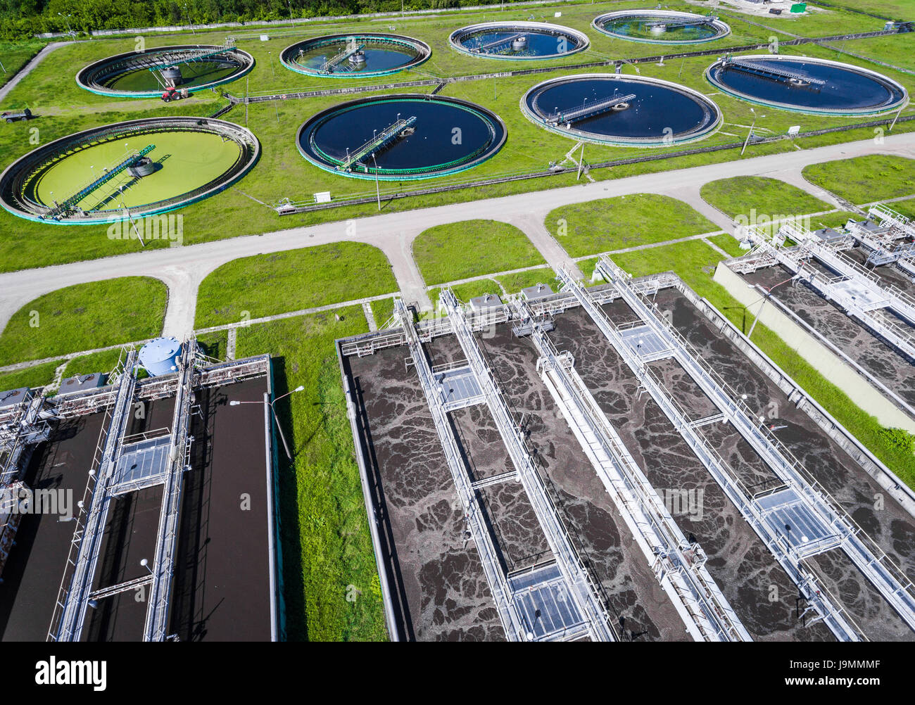 Sewage farm. Static aerial photo looking down onto the clarifying tanks ...