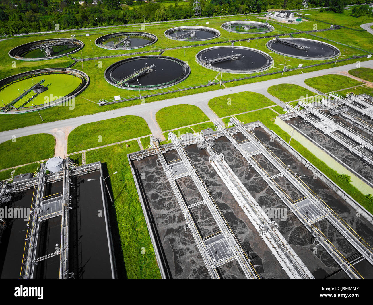 Sewage farm. Static aerial photo looking down onto the clarifying tanks ...