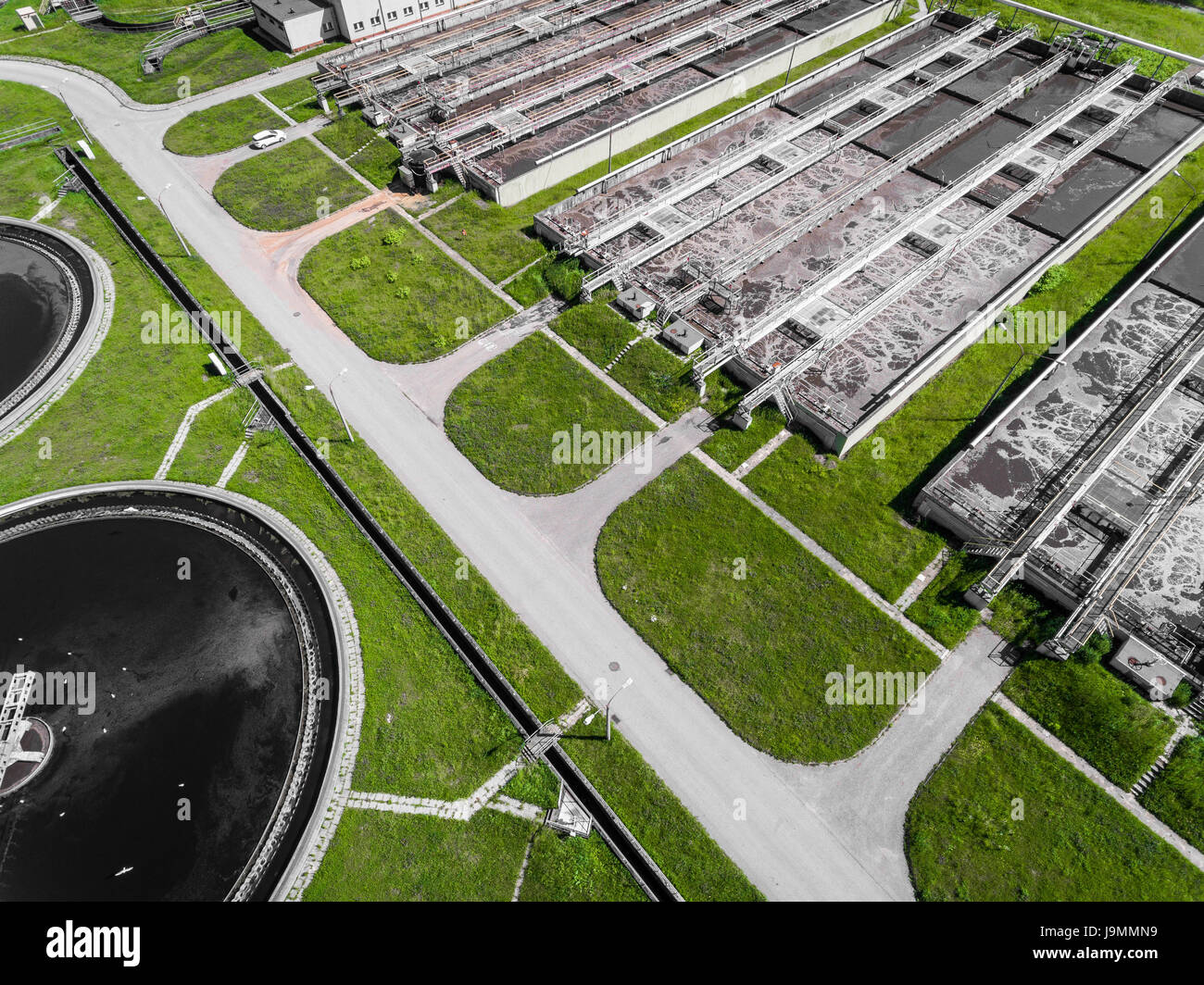 Sewage farm. Static aerial photo looking down onto the clarifying tanks ...