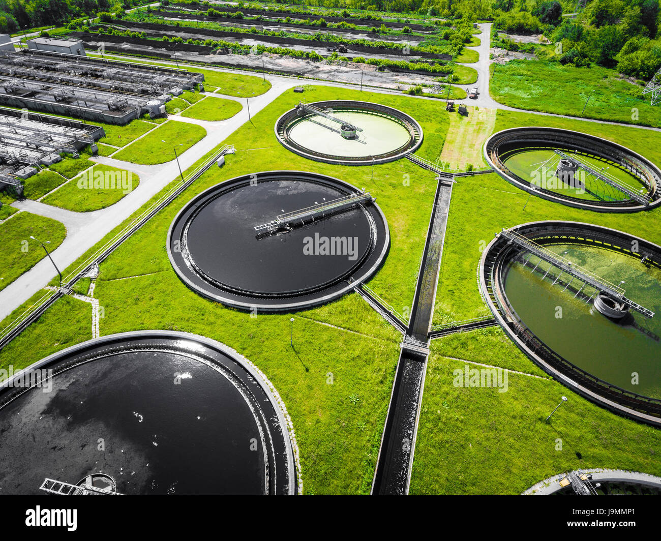 Sewage farm. Static aerial photo looking down onto the clarifying tanks ...