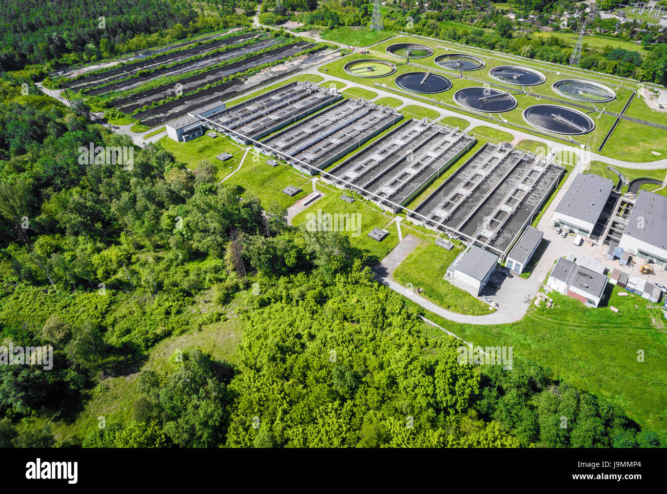 Sewage farm. Static aerial photo looking down onto the clarifying tanks ...