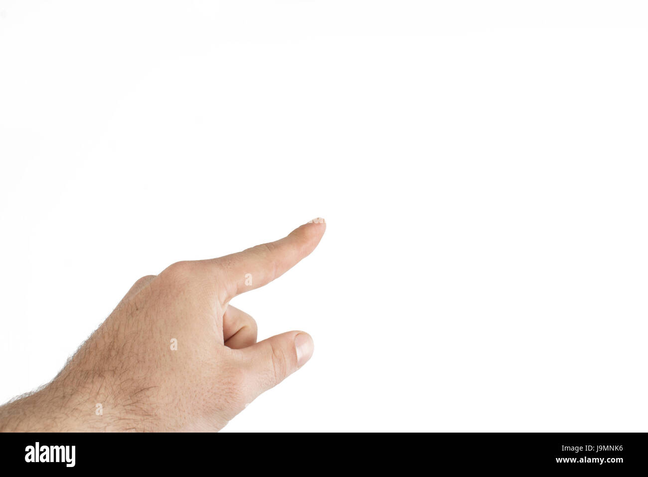 The hand of men shows gesture with index finger isolated on white ...