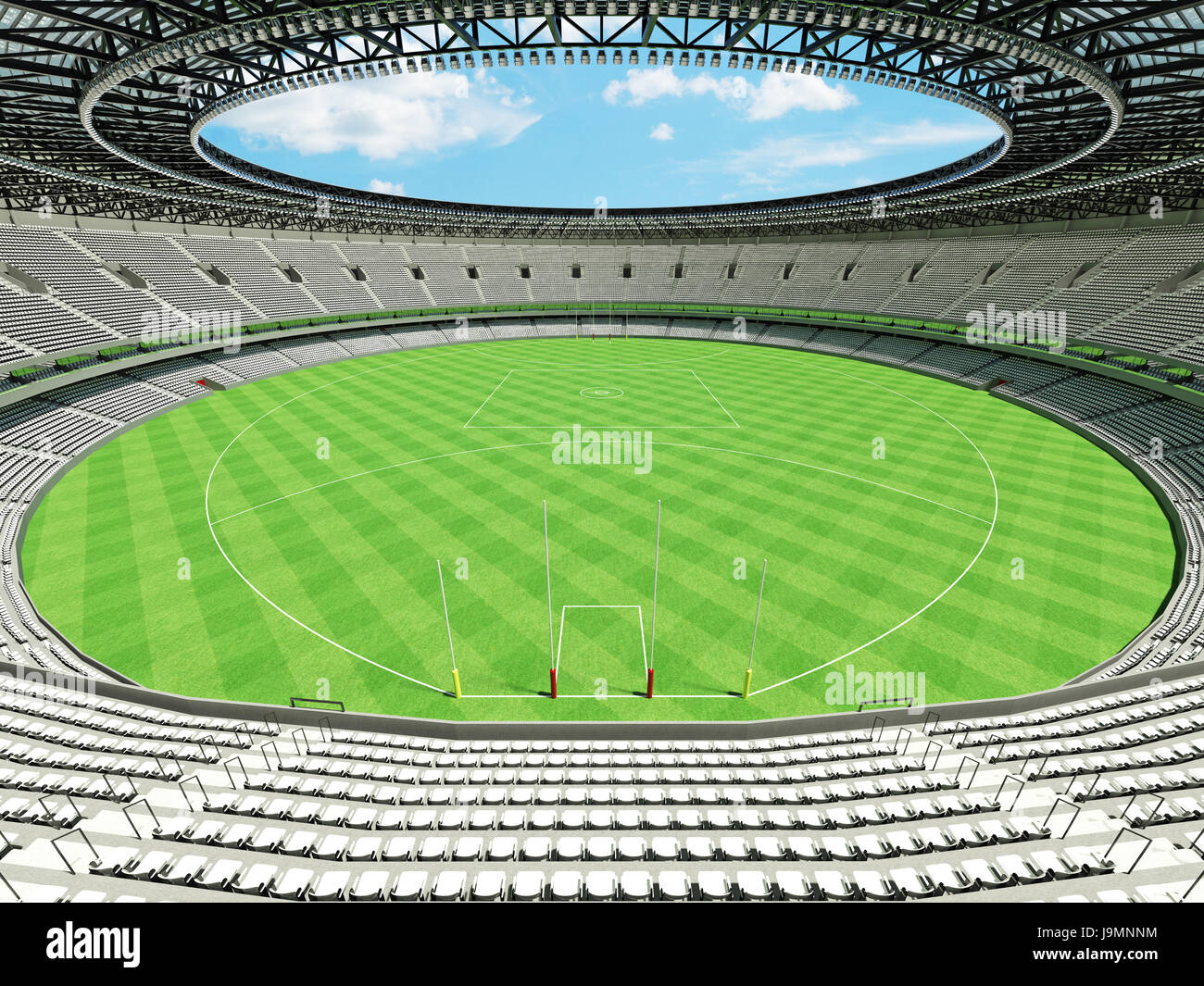 3D render of a round Australian rules football stadium with white seats ...