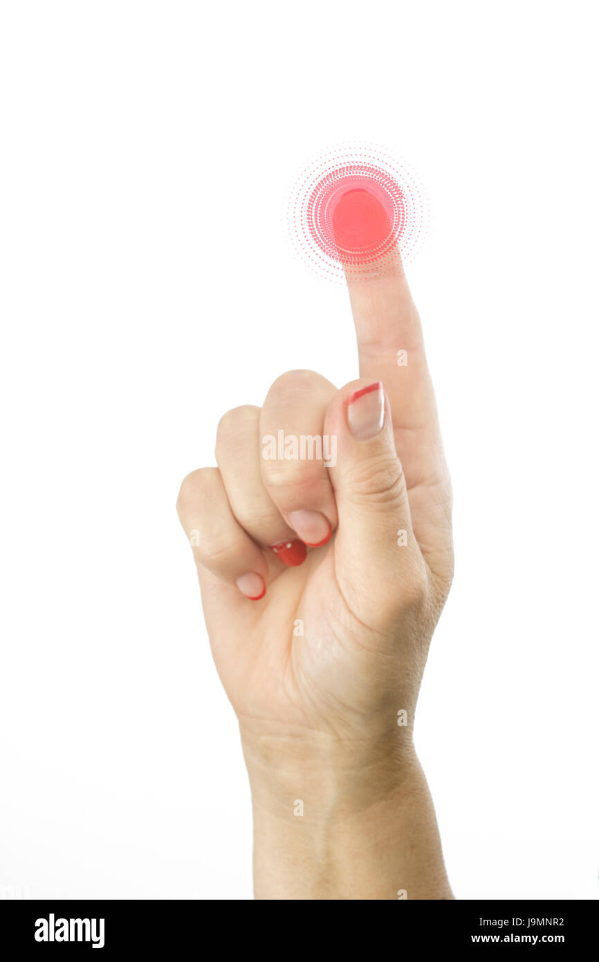 Woman hand pushing a red button. Hand of female pointing up isolated on ...