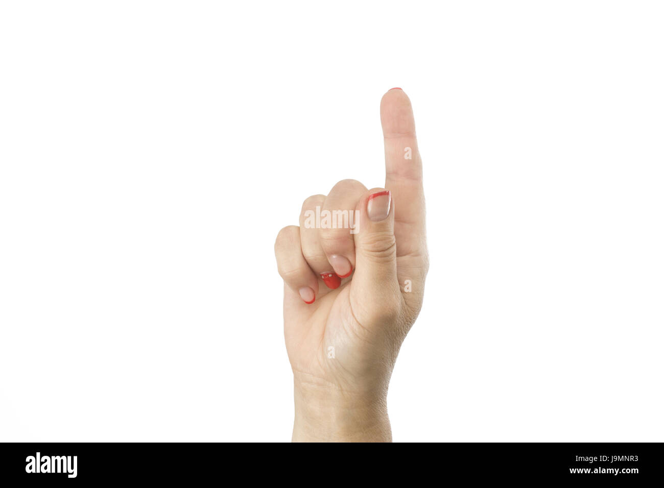 Woman hand press button isolated on white background. Concept hand ...