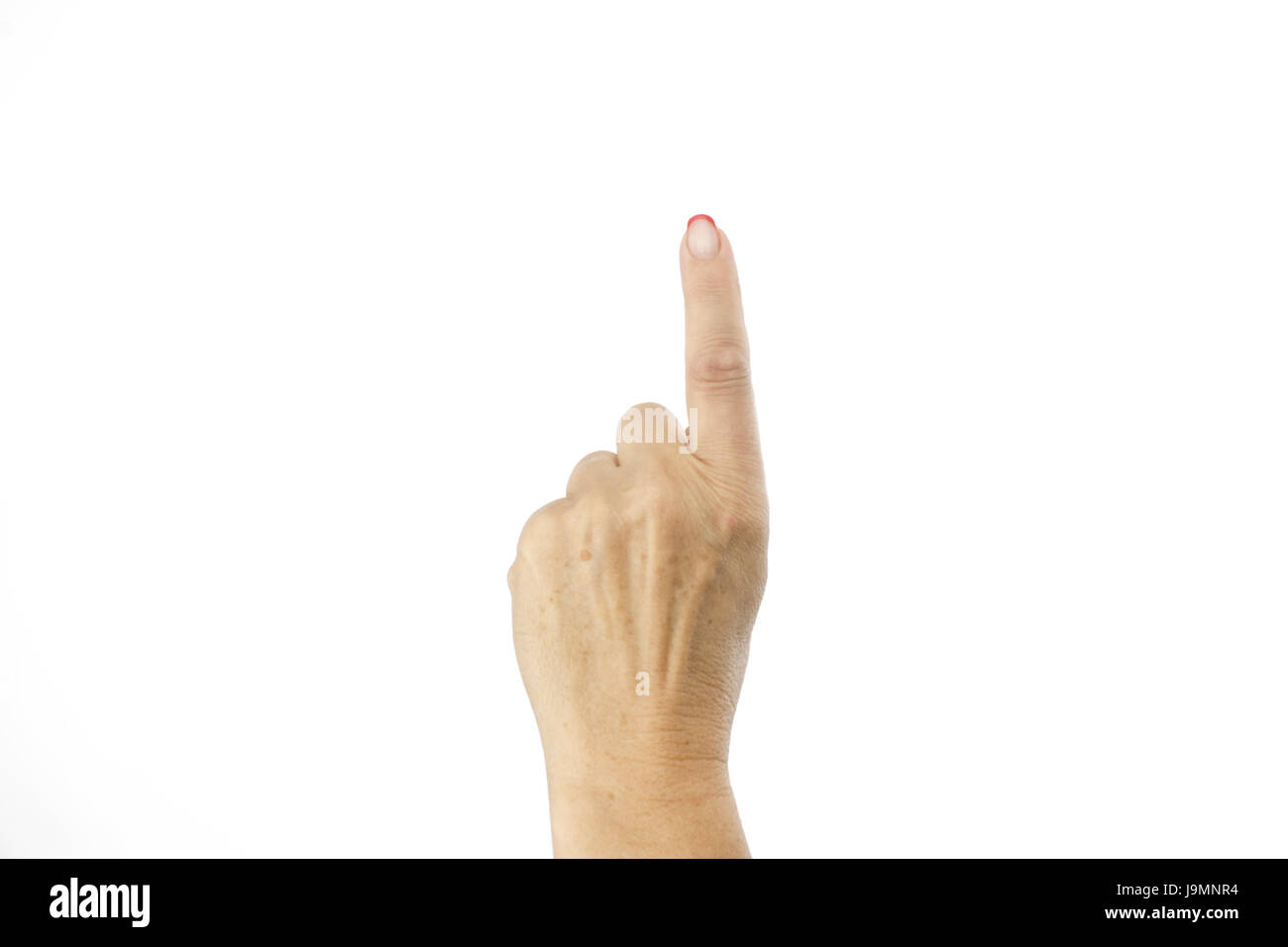 Woman hand press button isolated on white background. Concept hand ...