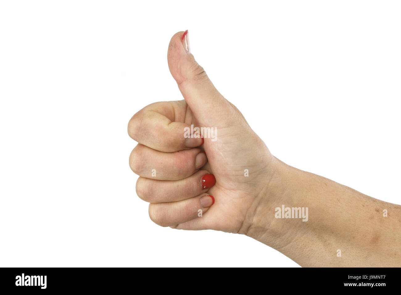Woman hand with thumb up gesture isolated on white background. OK sign ...