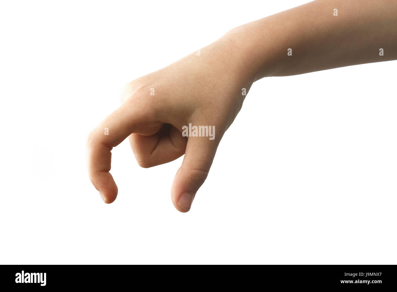 Female hand holding something from top isolated on white background ...