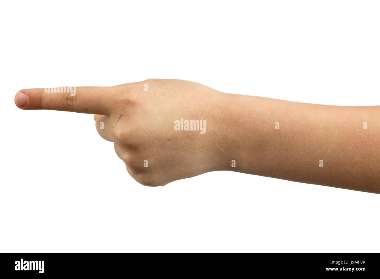 Children's hand pointing isolated on white background. Touching or ...