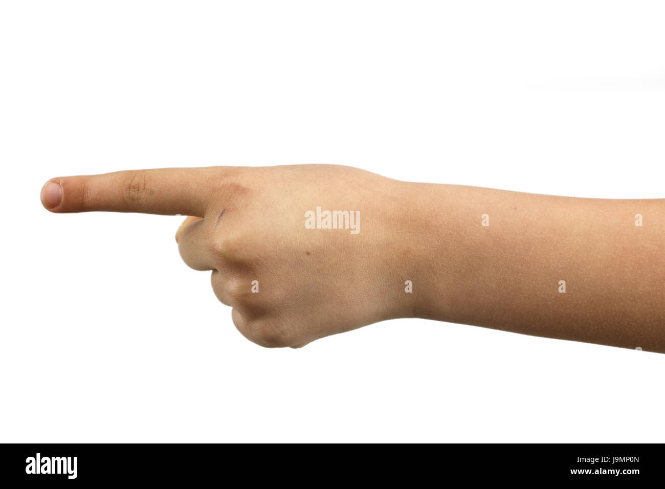 Children's hand showing number one, point, index finger isolated on white background. Touching ...