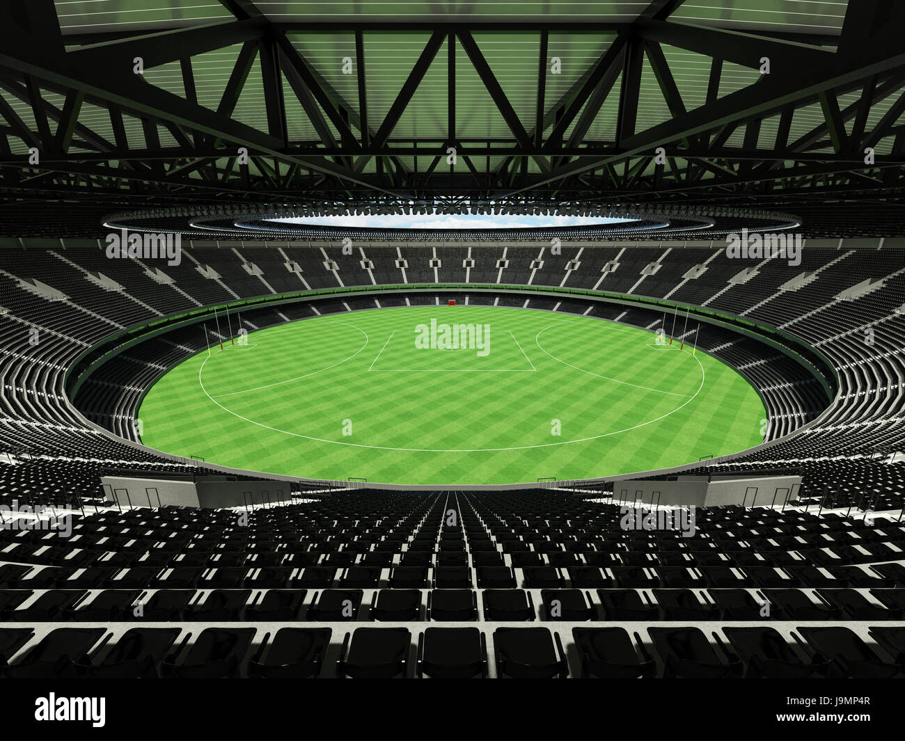 3D render of a round Australian rules football stadium with black seats ...