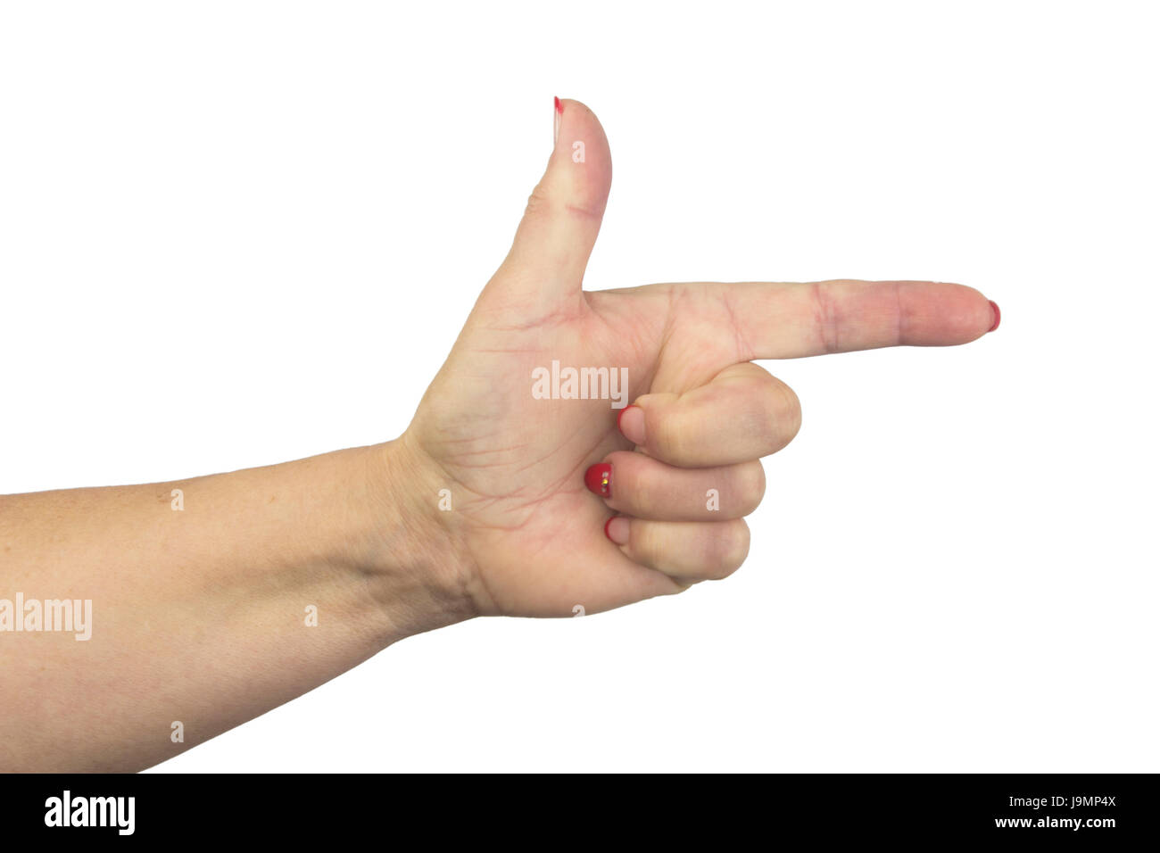Aiming hand sign isolated on white background. Closeup of woman's hand ...