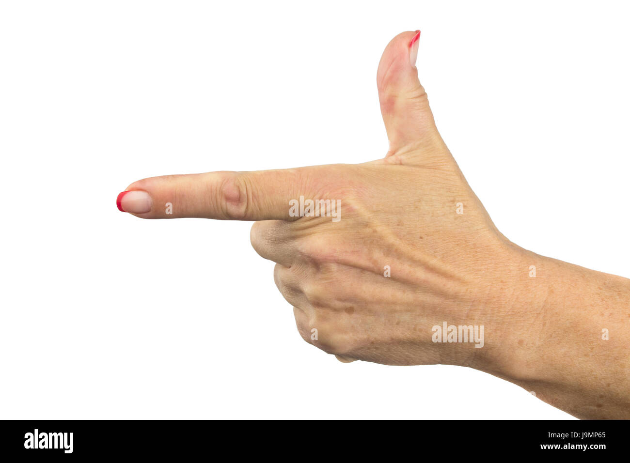 Aiming hand sign. Woman hand making a shooting gesture. Bang signs ...