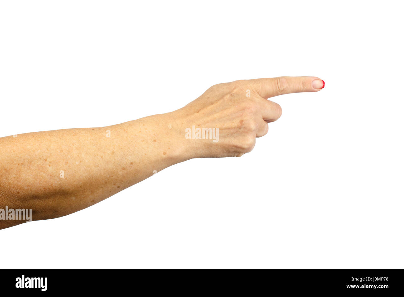 Woman hand isolated on white background. Gesture direction on the right ...