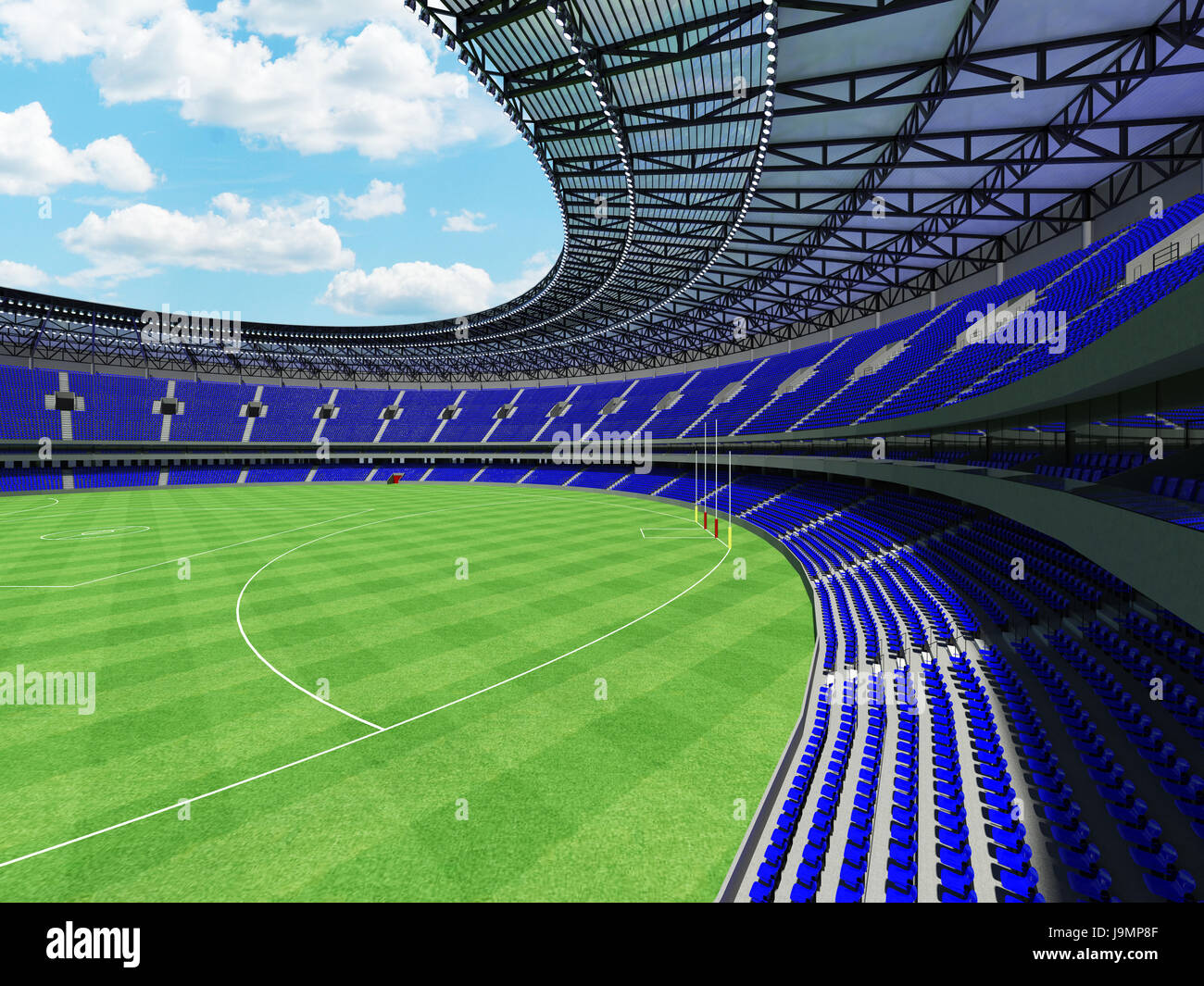 3D render of a round Australian rules football stadium with blue seats ...