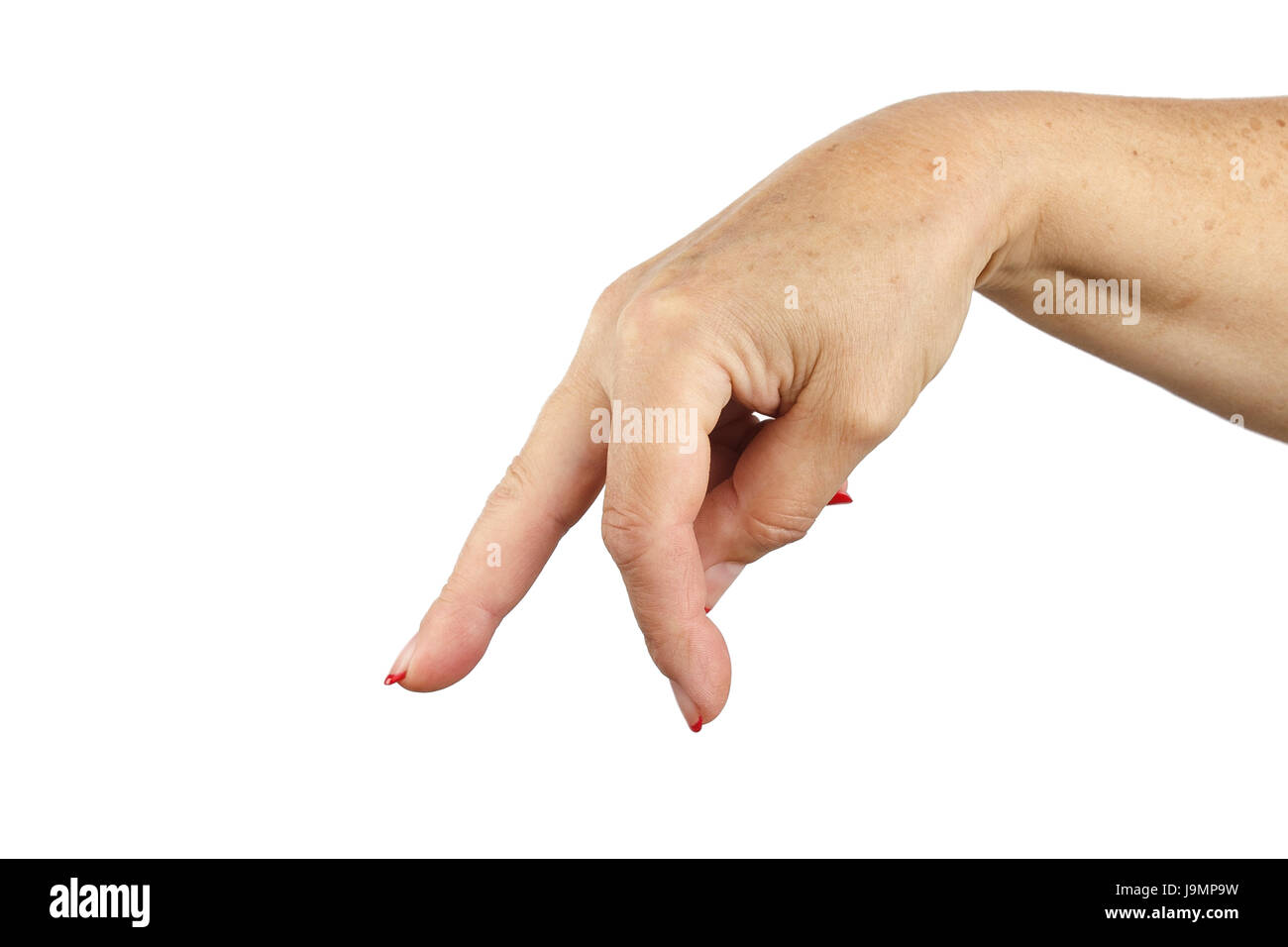 Woman hand showing the walking fingers isolated on white background. Female hand showing gesture ...