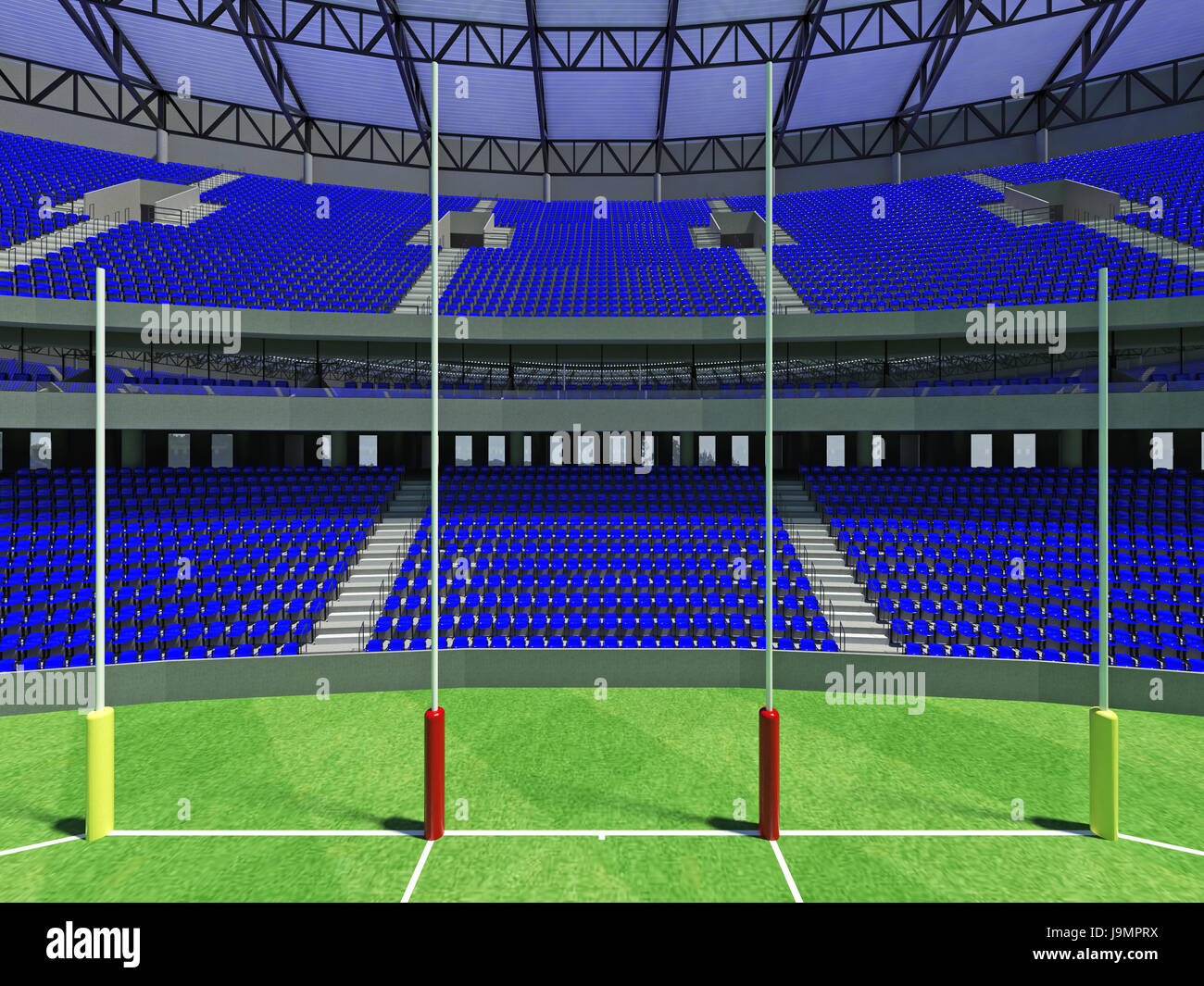 3D render of a round Australian rules football stadium with blue seats ...