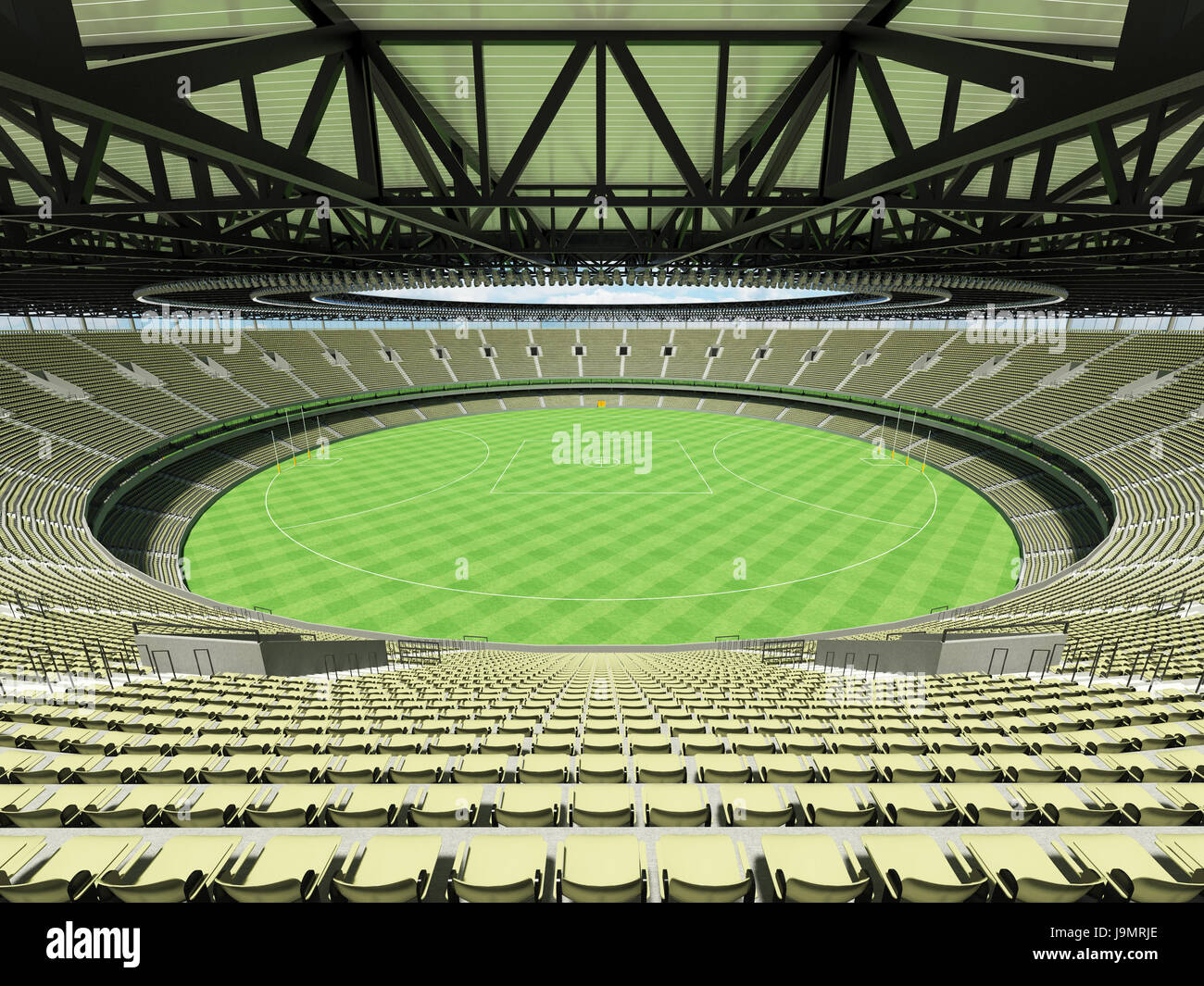 3D render of a round Australian rules football stadium with green gray ...