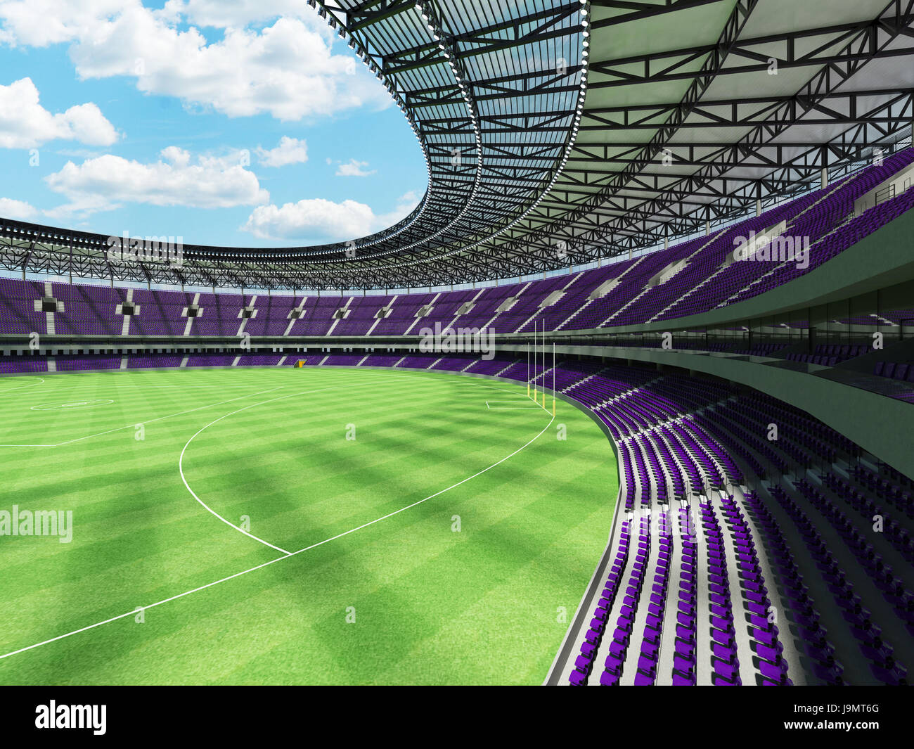 3D render of a round Australian rules football stadium with purple ...