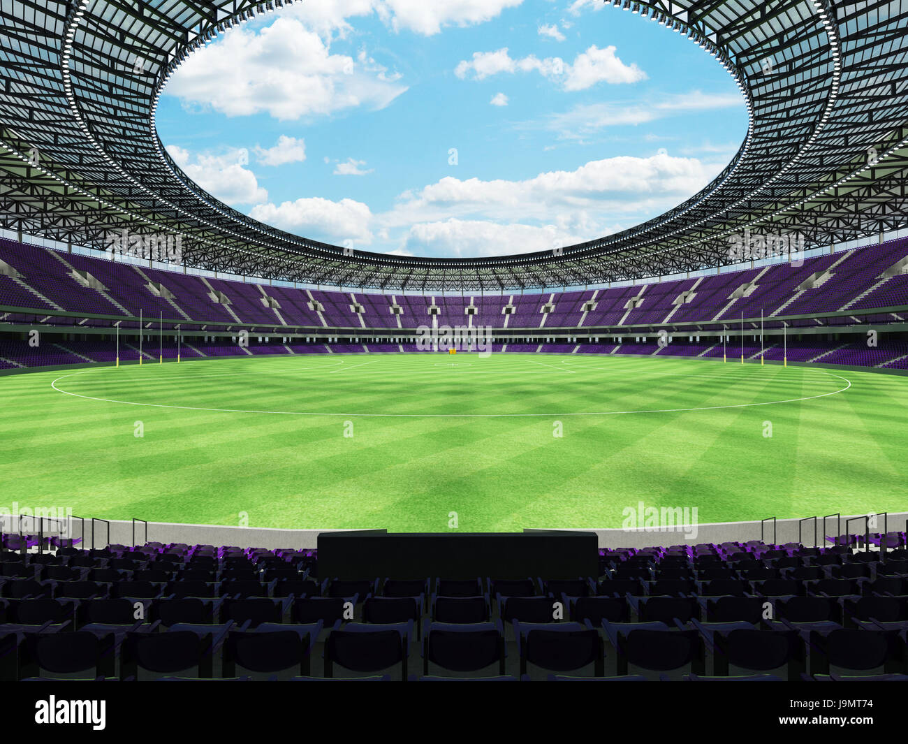3D render of a round Australian rules football stadium with purple ...