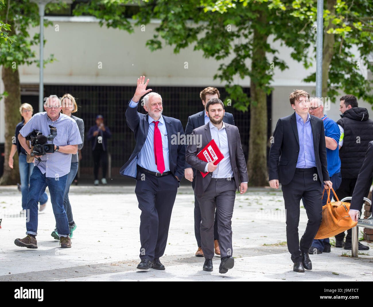Labour leader, Jeremy Corbyn arrives at the Pitsea leisure centre to ...