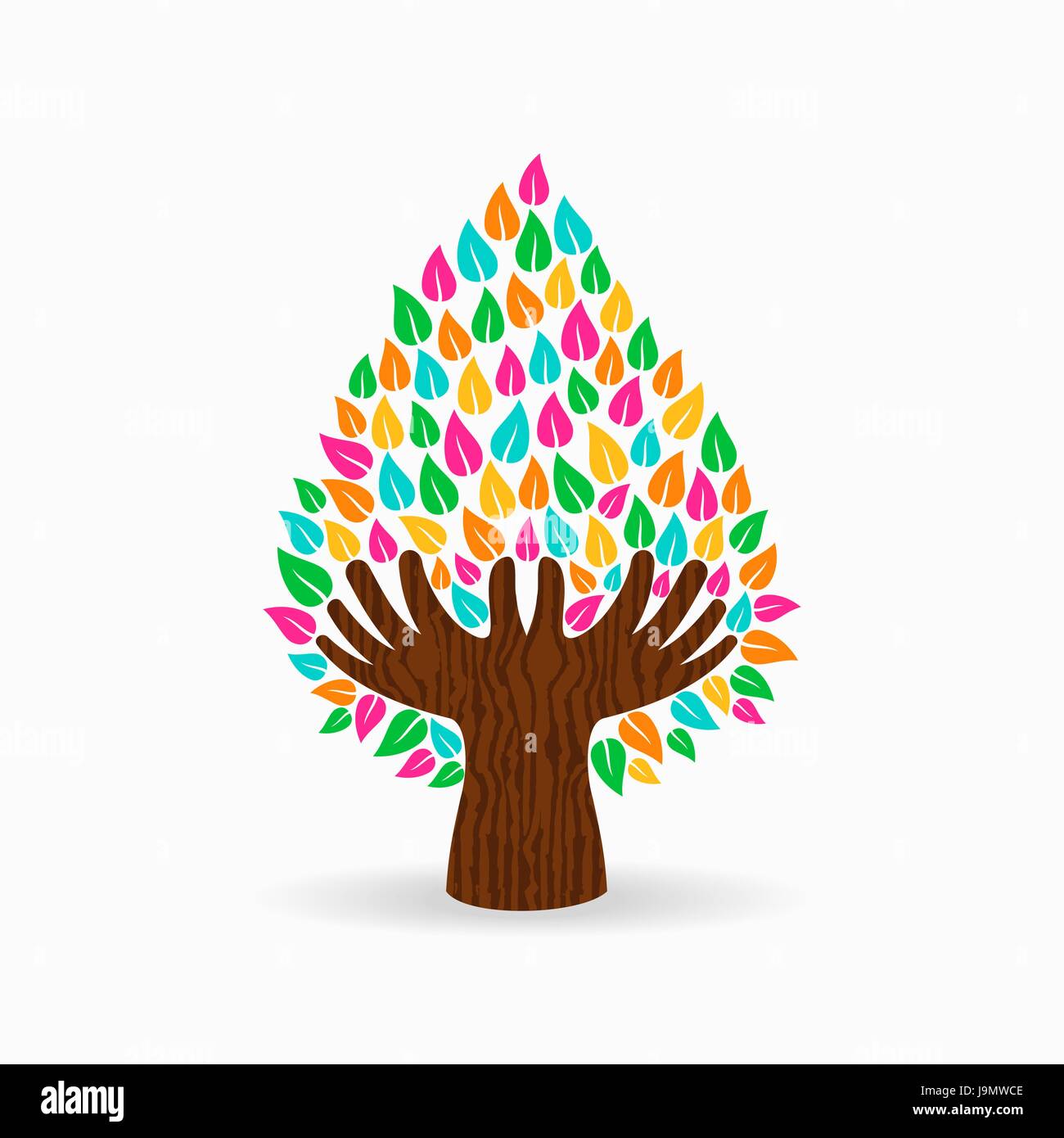 Tree symbol with human hands and colorful leaves. Concept illustration ...