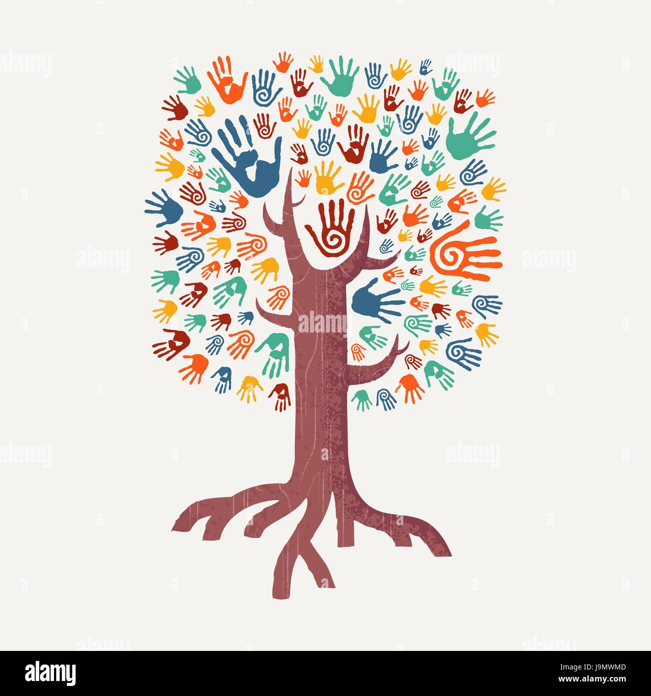 Hand tree drawing with colorful handprint art. Diverse united community ...