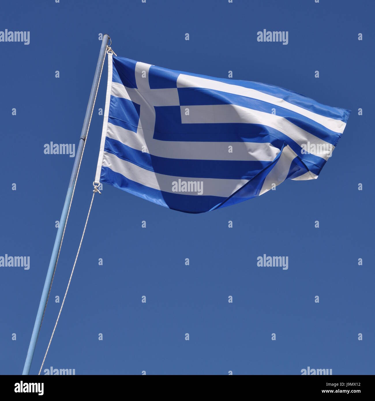 blue, greece, greek, flag, pole, flagpole, firmament, sky, white, blue ...