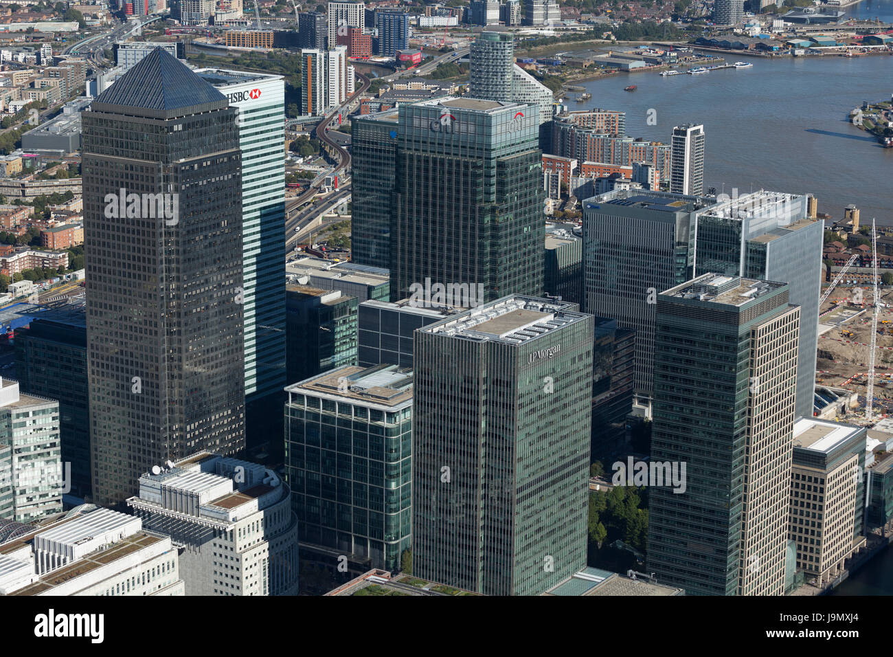 Aerial view of the large commercial buildings at Canary Wharf, Isle of ...