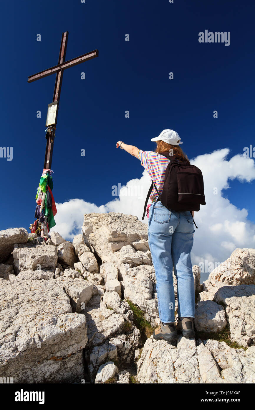 woman, dolomites, summit, cross, climber, hiking, mountain, woman, blue ...