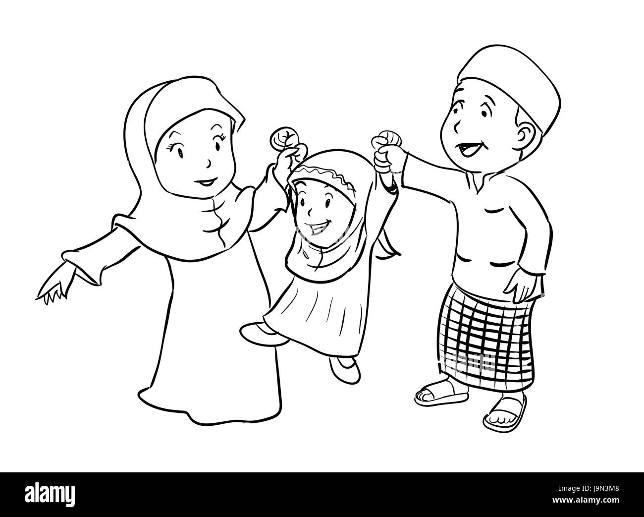 Linear Illustration of Happy Islamic Family. Vector Cartoon character ...