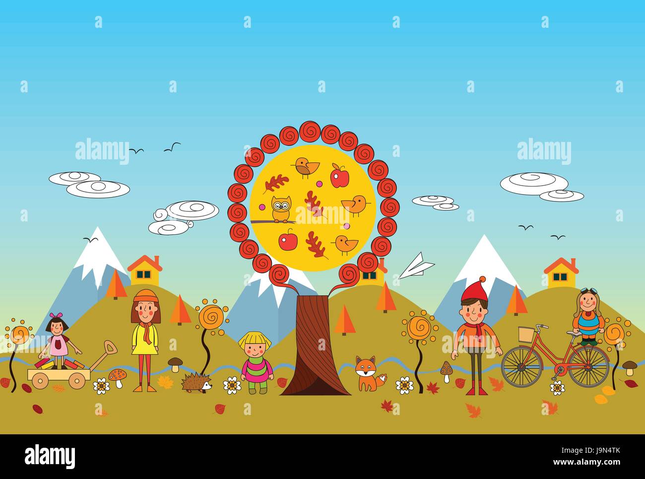 Illustration of autumn funny kids. Autumn holidays. Group of children ...