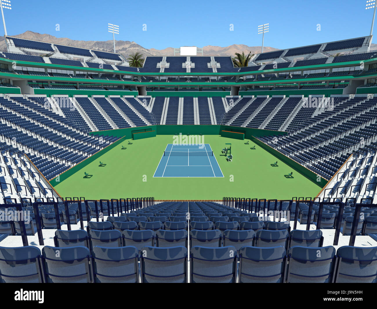 3D render of beautiful modern tennis stadium with hard court surface ...
