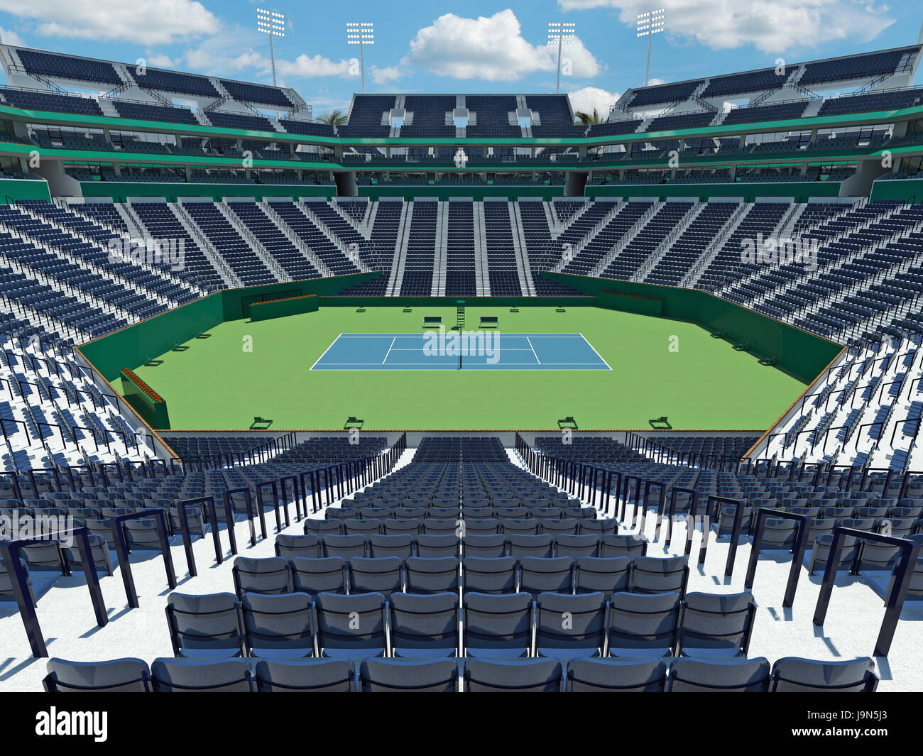 3D render of beautiful modern tennis stadium with hard court surface ...