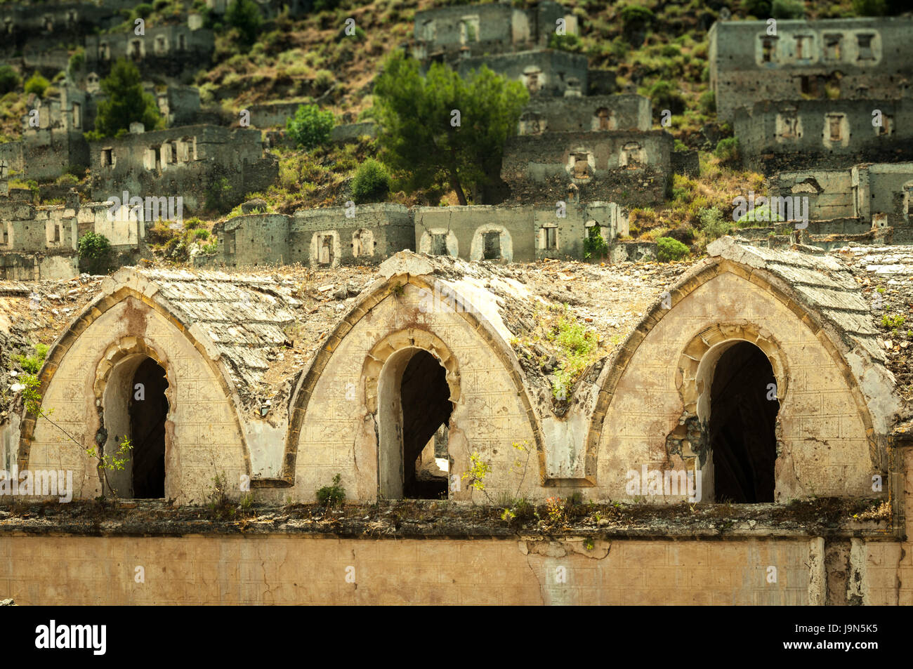 The deserted Turkish "ghost town" village in Kayakoy, Turkey Stock ...