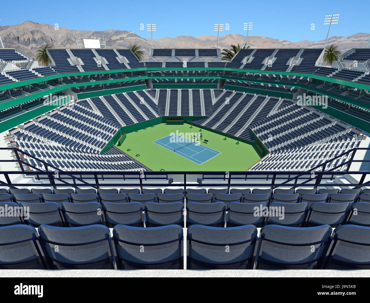3D render of beautiful modern tennis stadium with hard court surface ...