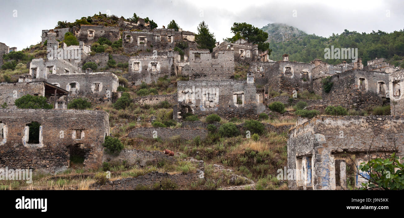 The deserted Turkish "ghost town" village in Kayakoy, Turkey Stock ...